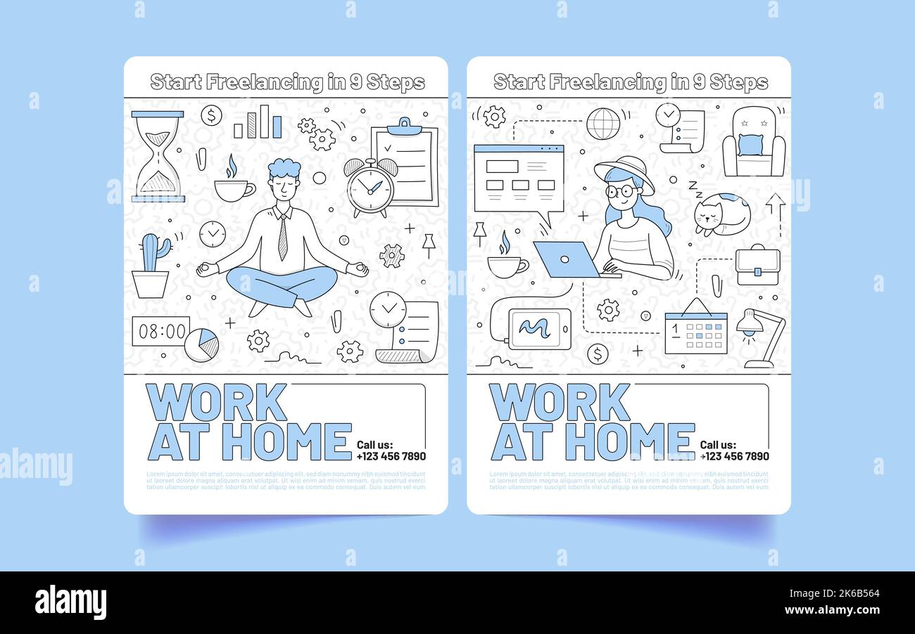 Work at home posters with man in yoga pose, woman with laptop, clock ...