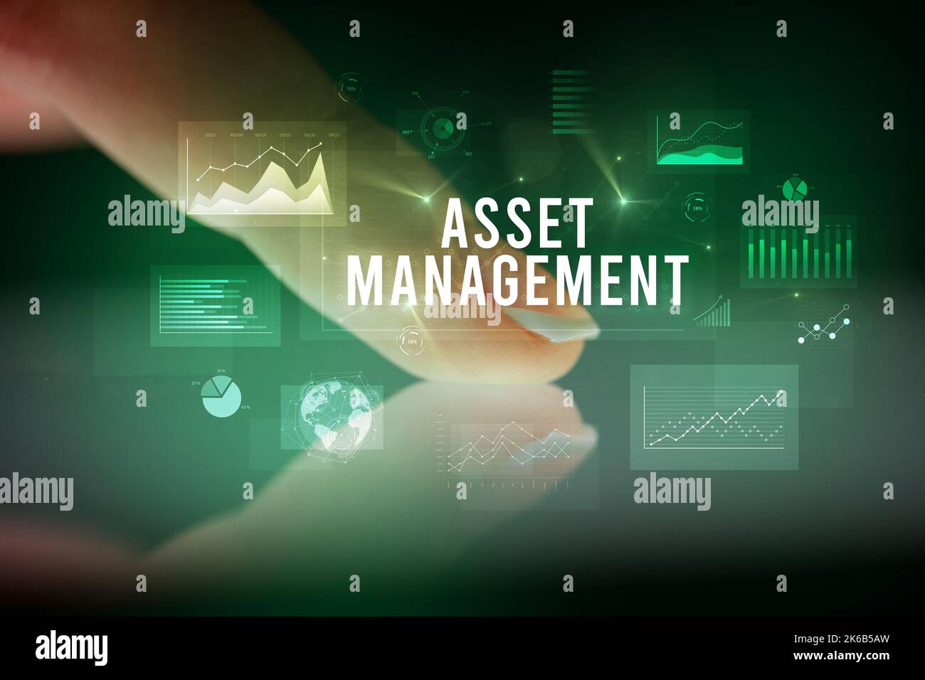 Finger touching tablet with business graphs and icons concept Stock ...