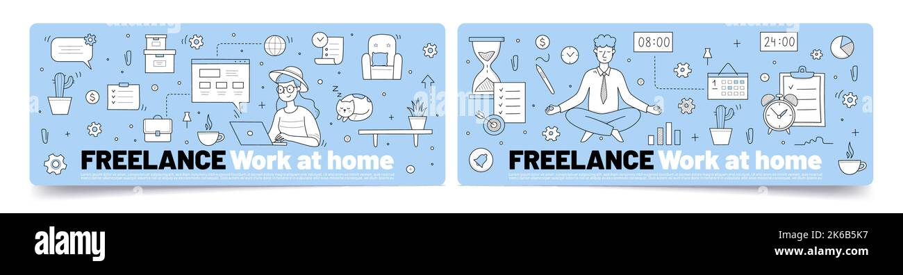 Freelance work at home doodle conceptual banners. Young woman work on ...