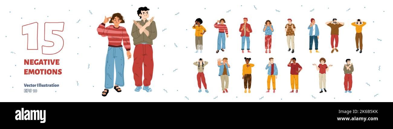 Negative emotions body language. People show gestures of stop, disagree ...