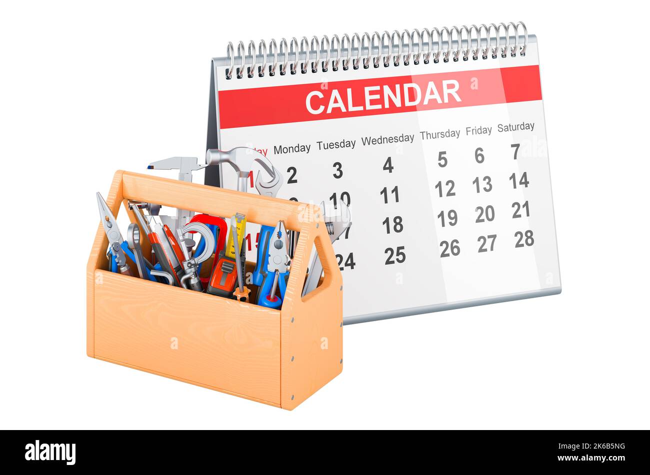 Desk calendar with tool box, 3D rendering isolated on white background ...
