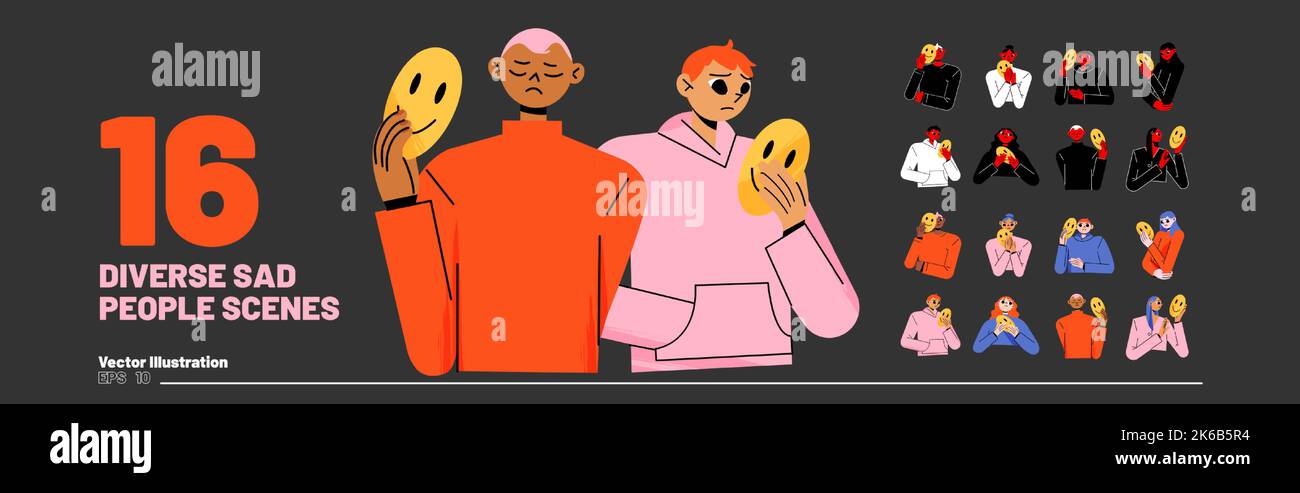Set of diverse sad people cover faces with smiling masks expressing ...