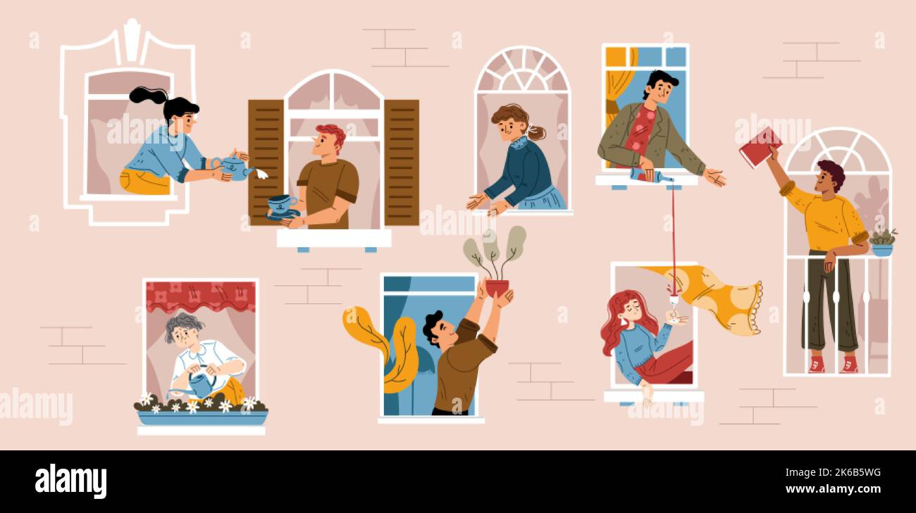 Good neighborhood community with people in house windows sharing things ...