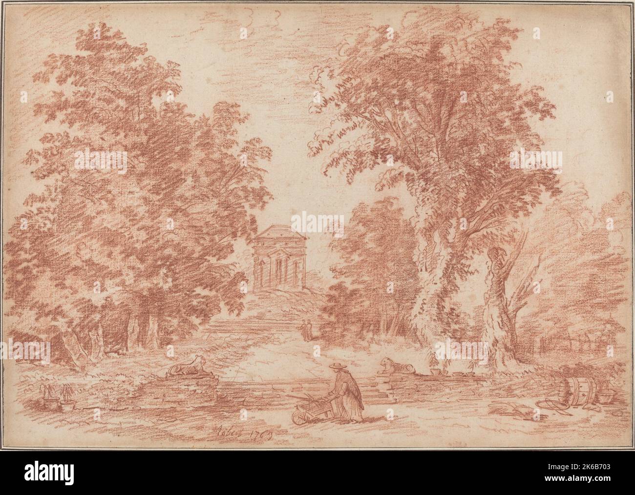 Hubert Robert - Italian Park with a Tempietto, 1763 red chalk on laid ...