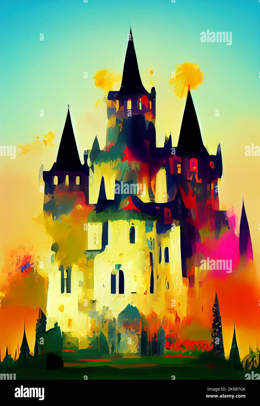 Multicolored castle abstract illustration. Picturesque old castle ...