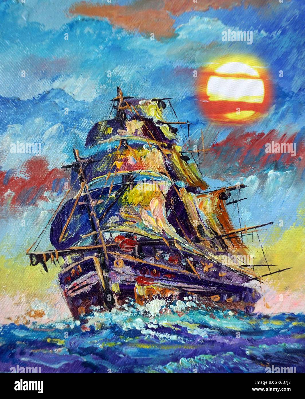 art painting oil color barque lucky , sailboat Stock Photo - Alamy