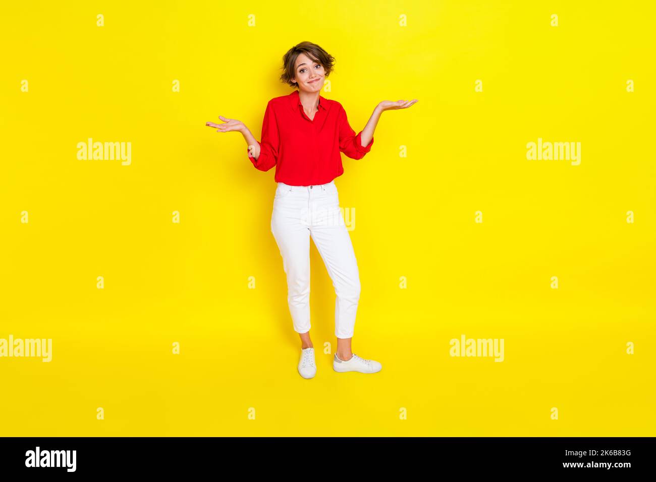 Full size portrait of questioned positive girl hands shrug shoulders ...