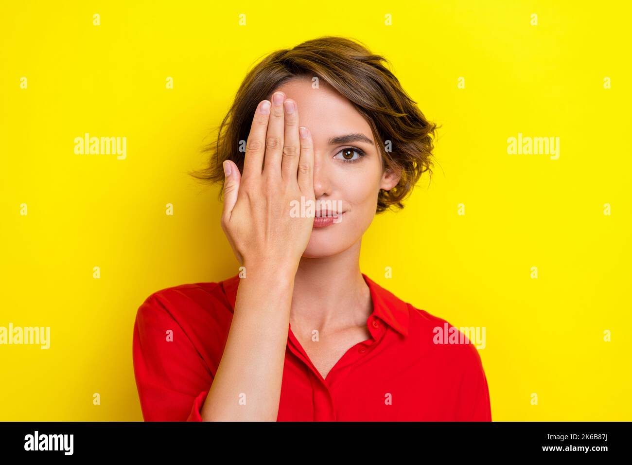 Portrait of adorable gorgeous pretty girl with bob hairdo dressed red ...