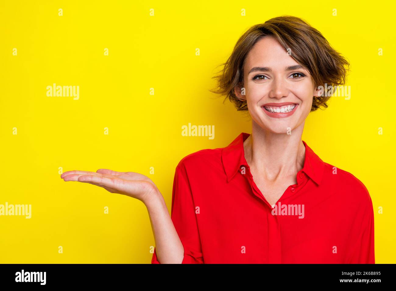 Closeup photo of adorable youngster pretty lady bob brown hair wear red ...