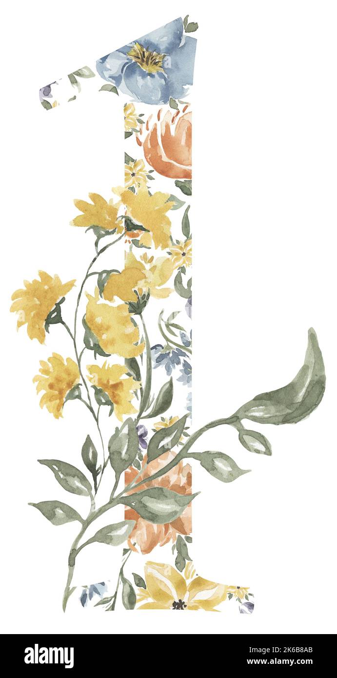 Wildflowers Number One Blossom Alphabet Design. Watercolor Floral ...
