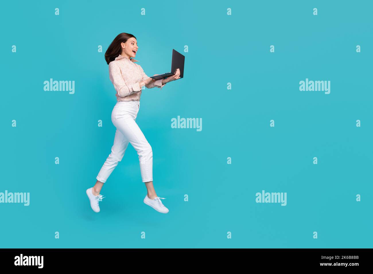 Full body size photo of excited dreamy woman wear formal outfit jumping ...