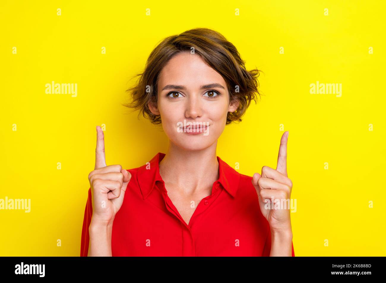 Photo of nice adorable gorgeous lovely woman with bob hairdo dressed ...