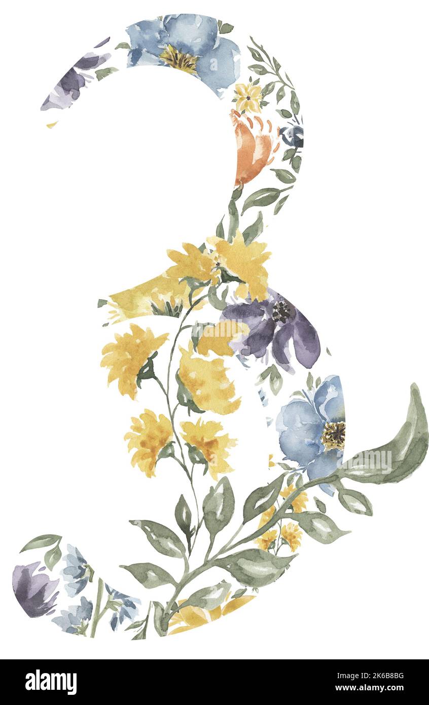 Wildflowers Number Three Blossom Alphabet Design. Watercolor Floral ...