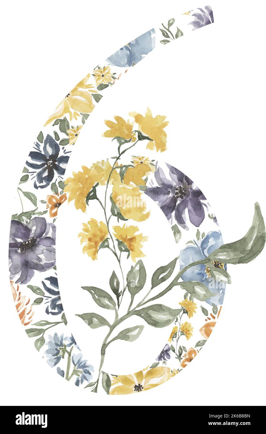 Wildflowers Number Six Blossom Alphabet Design. Watercolor Floral ...