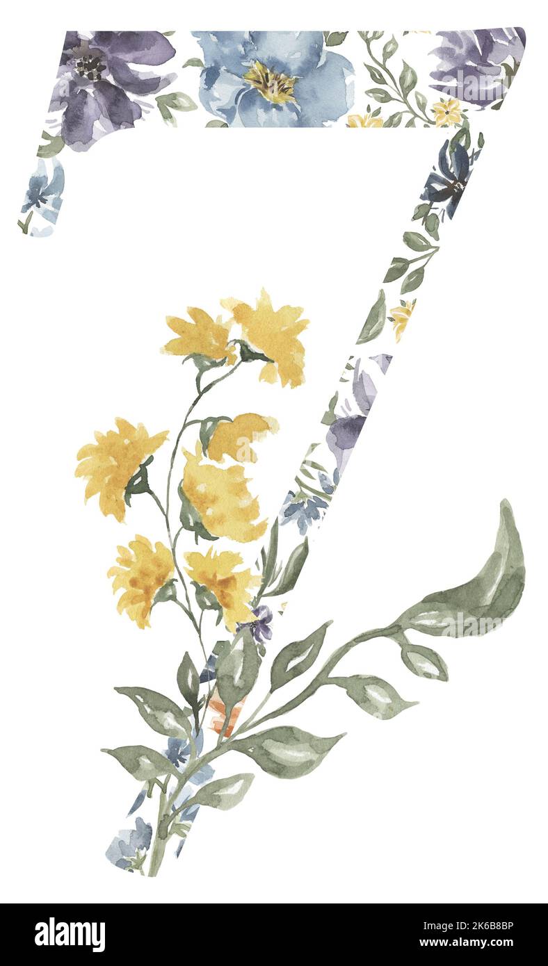 Wildflowers Number Seven Blossom Alphabet Design. Watercolor Floral ...