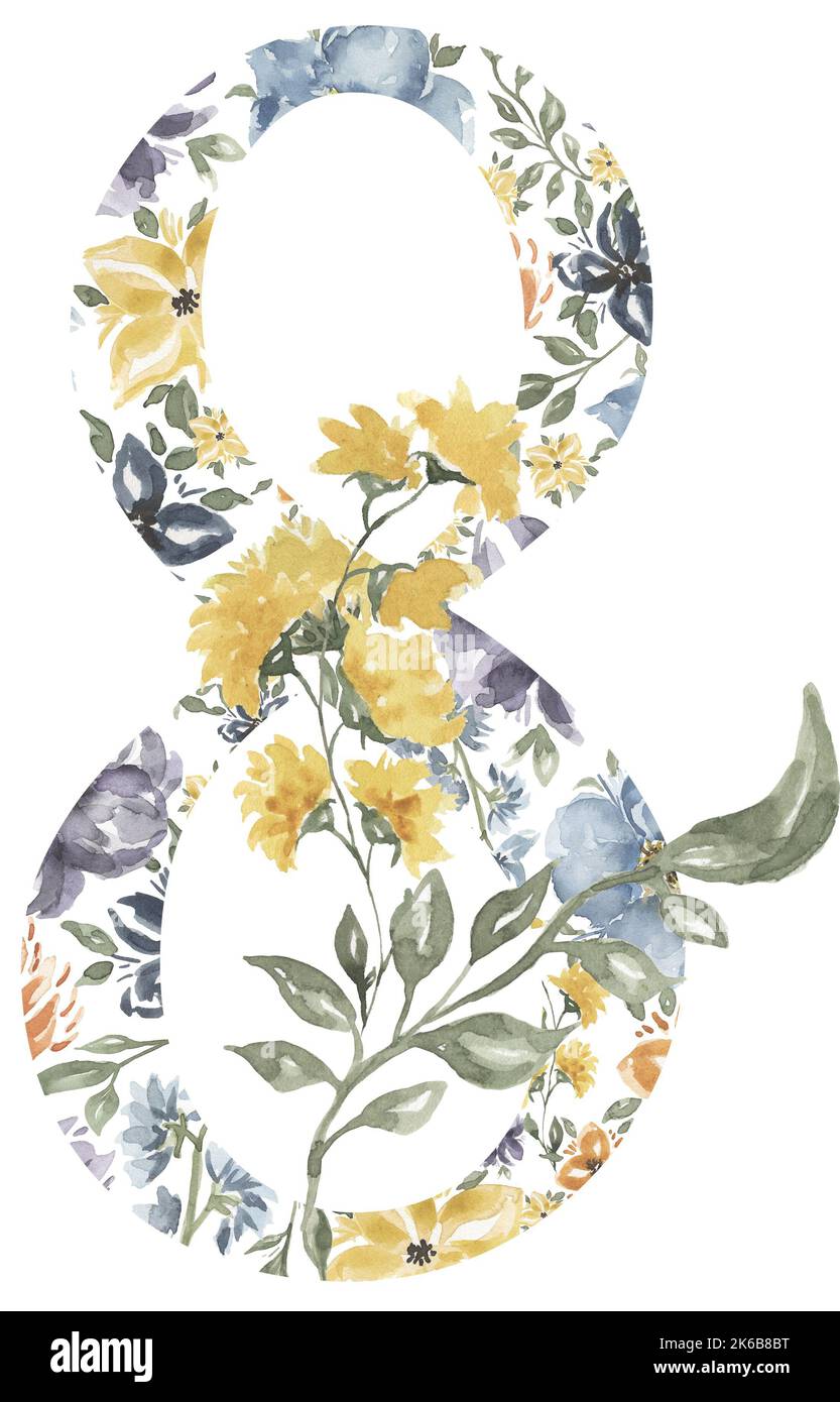 Wildflowers Number Eight Blossom Alphabet Design. Watercolor Floral ... Wildflowers Number Eight Blossom Alphabet Design. Watercolor Floral ...