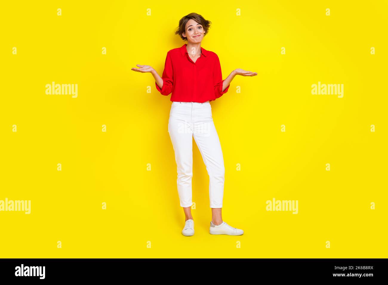 Full body portrait of indifferent lady arm shrug shoulders dont know ...