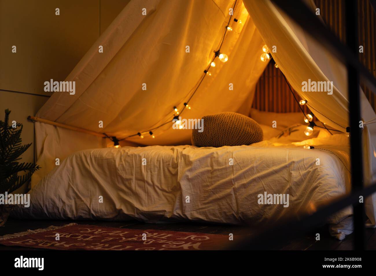 room of children empty tent lodge in the evening before going to bed ...