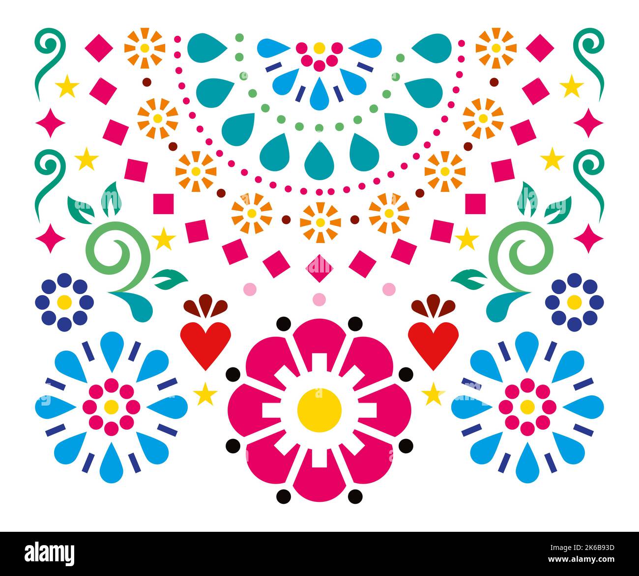 Mexican retro style vector design with hearts, flowers and geometric ...