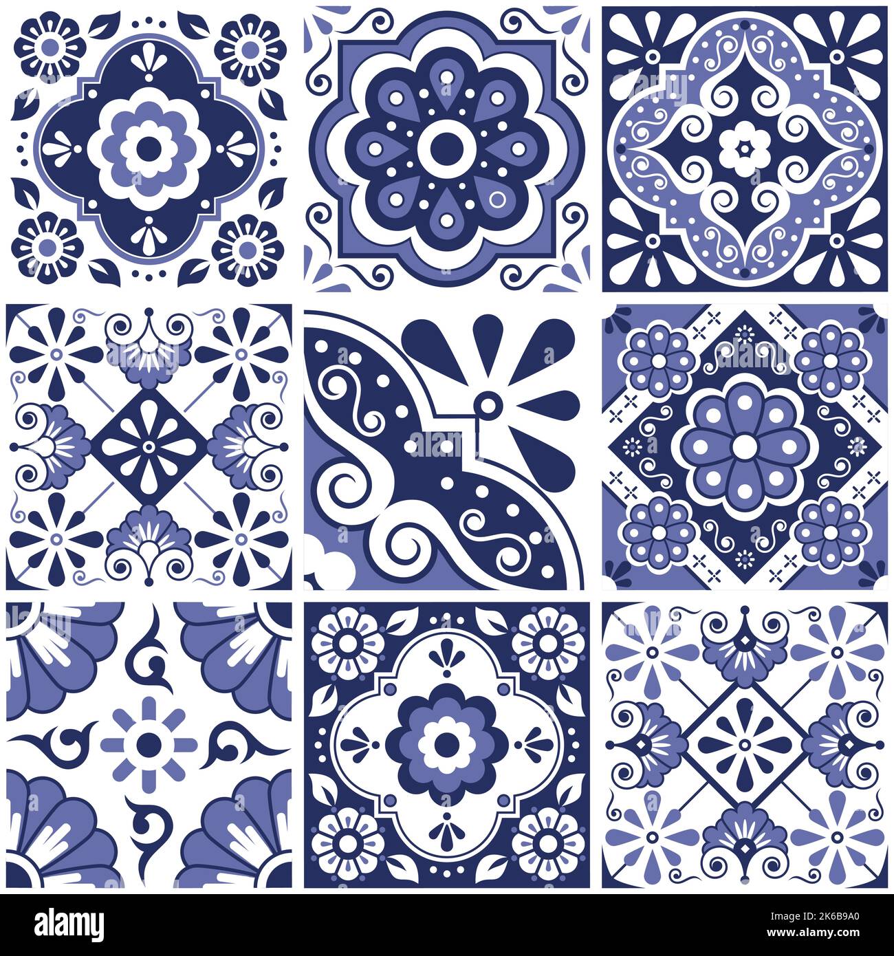 Navy blue Mexican seamless tile vector pattern big set with flowers ...