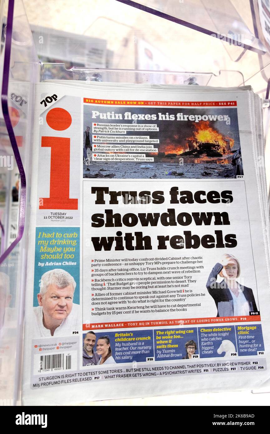'Truss faces showdown with rebels' Liz Truss PM front page i newspaper ...