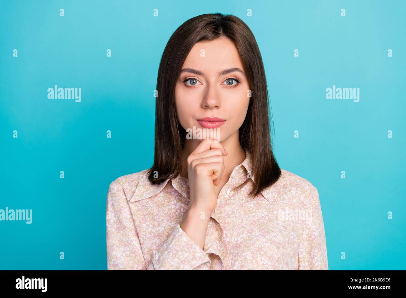 Close up photo of stunning young girl arm touch chin create start up ...