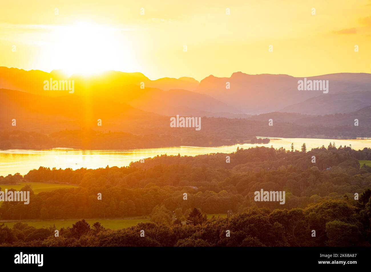 View of sunset over Windermere in Lake District, a region and national ...