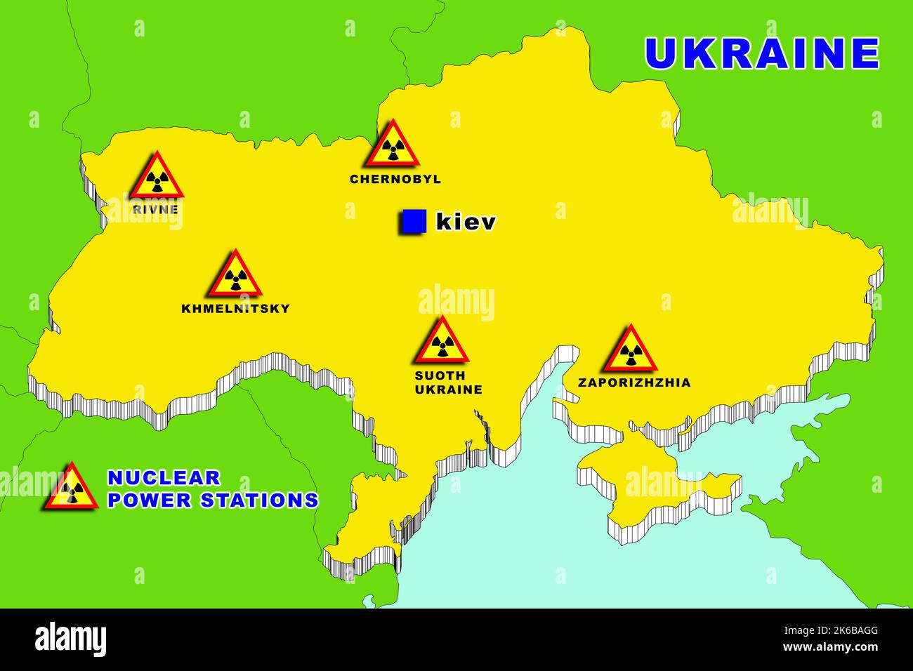 Ukraine map, 3D illustration nuclear power plant sites with nuclear ...
