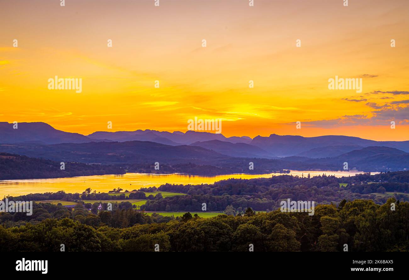 View of sunset over Windermere in Lake District, a region and national ...