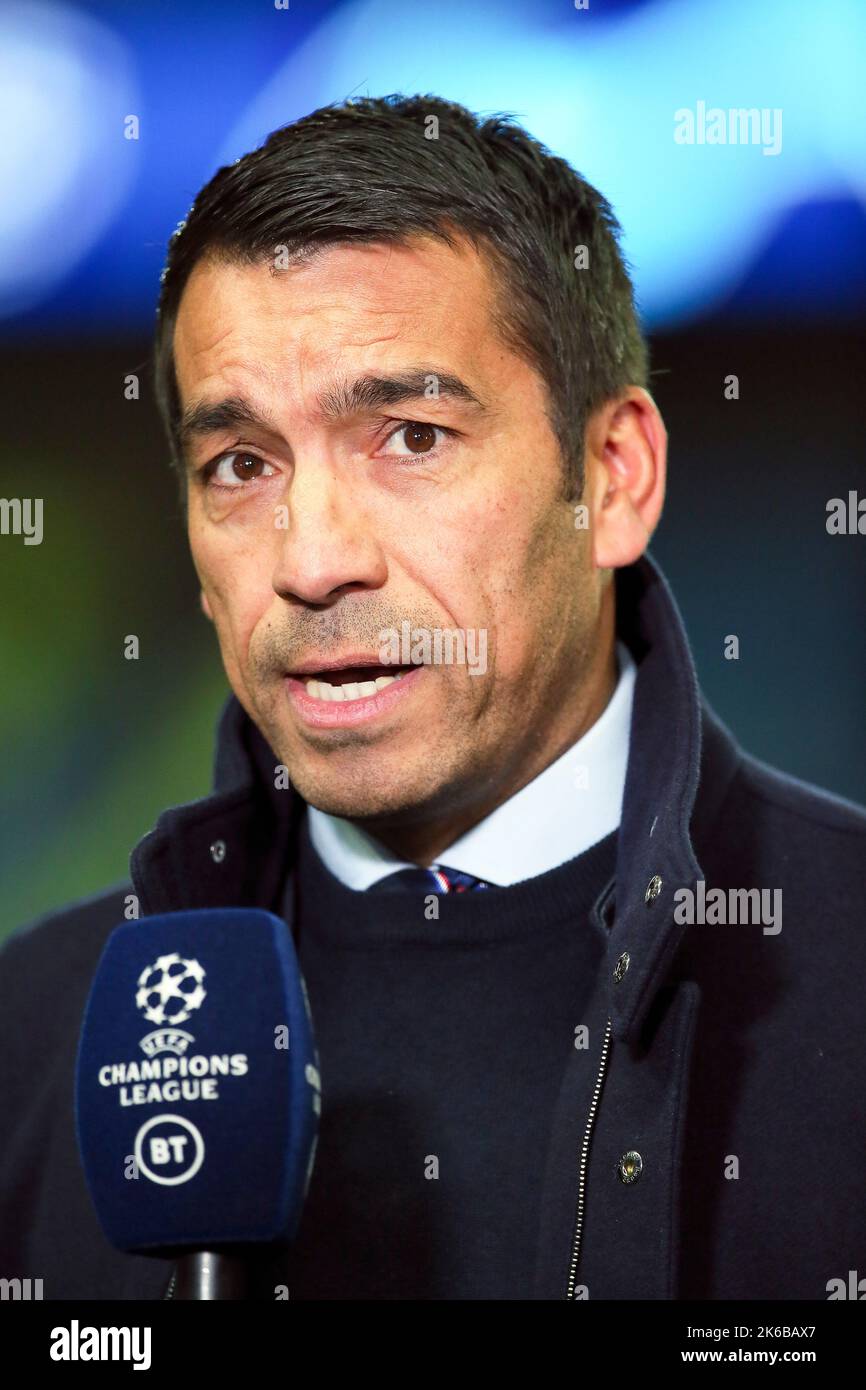 Giovanni Van Bronckhorst, coach of Rangers FC giving an interview before the Champions league ...