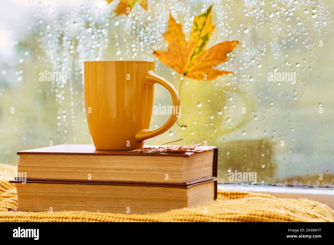 cup of tea, books, autumn leaves and candle on window sill at home ...