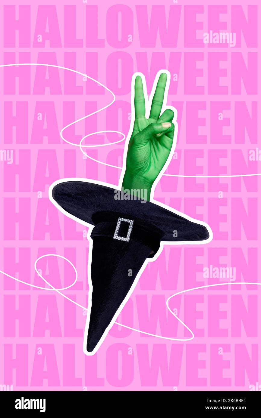 Vertical collage illustration of green arm fingers demonstrate v-sign ...