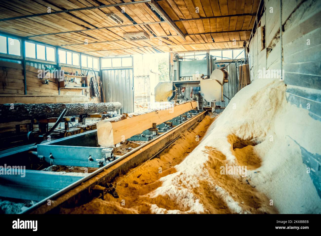 Sawmill. Process of machining logs in equipment sawmill machine saw ...