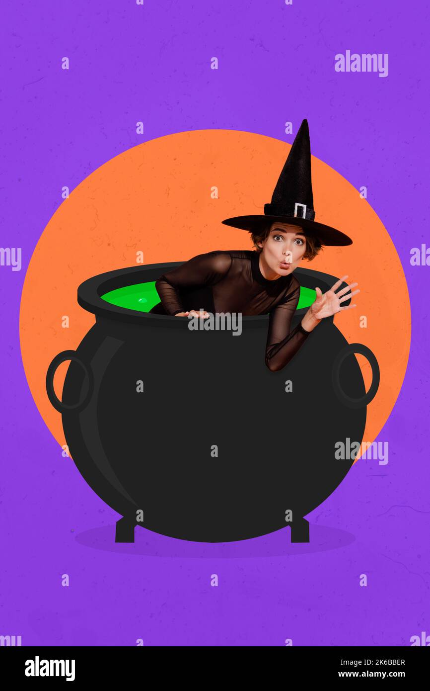 Vertical collage image of witch girl inside big potion cauldron ...