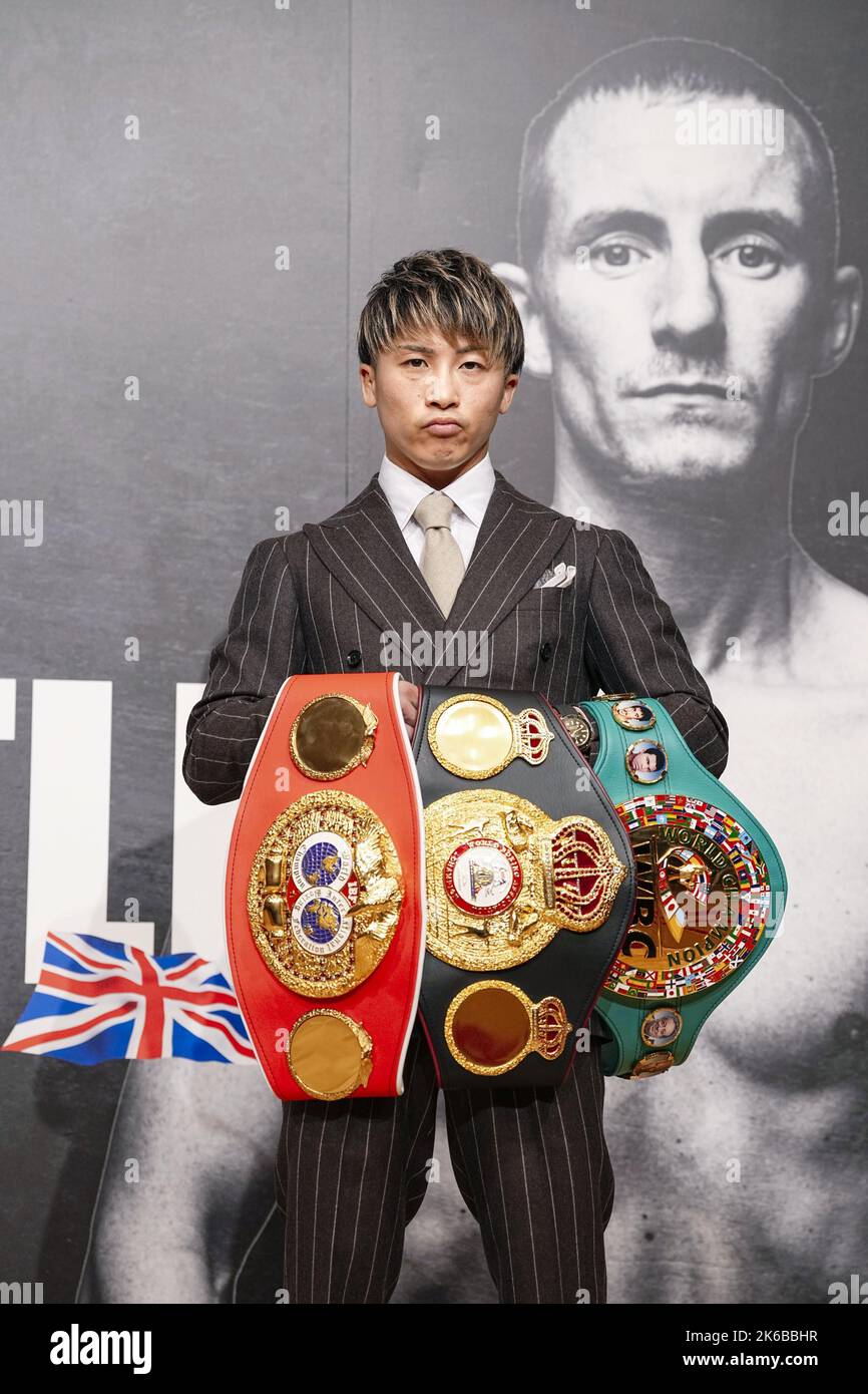 Japanese boxer Naoya Inoue displays his WBC, WBA and IBF bantamweight ...