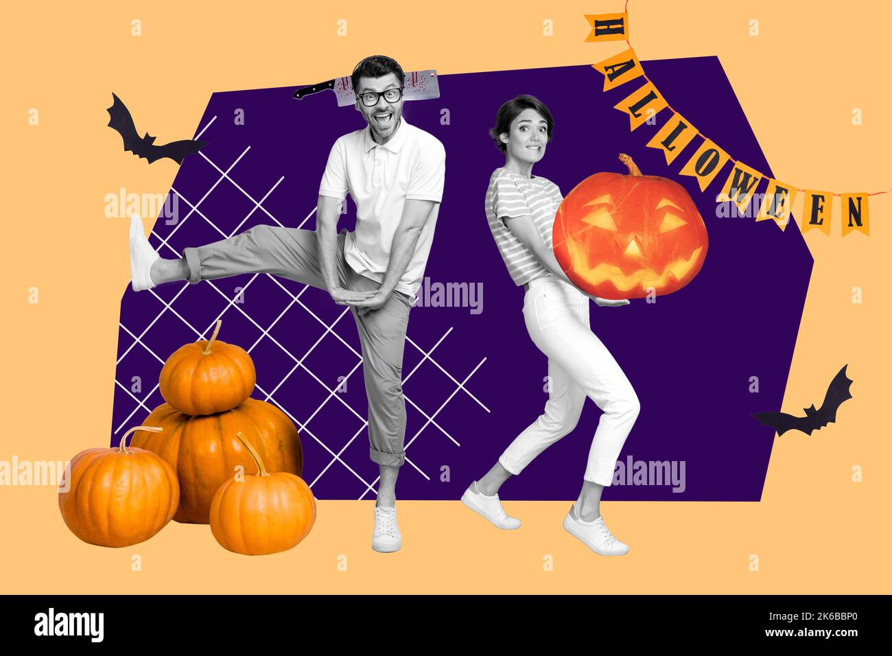 Composite collage portrait of two black white gamma people dance hold ...