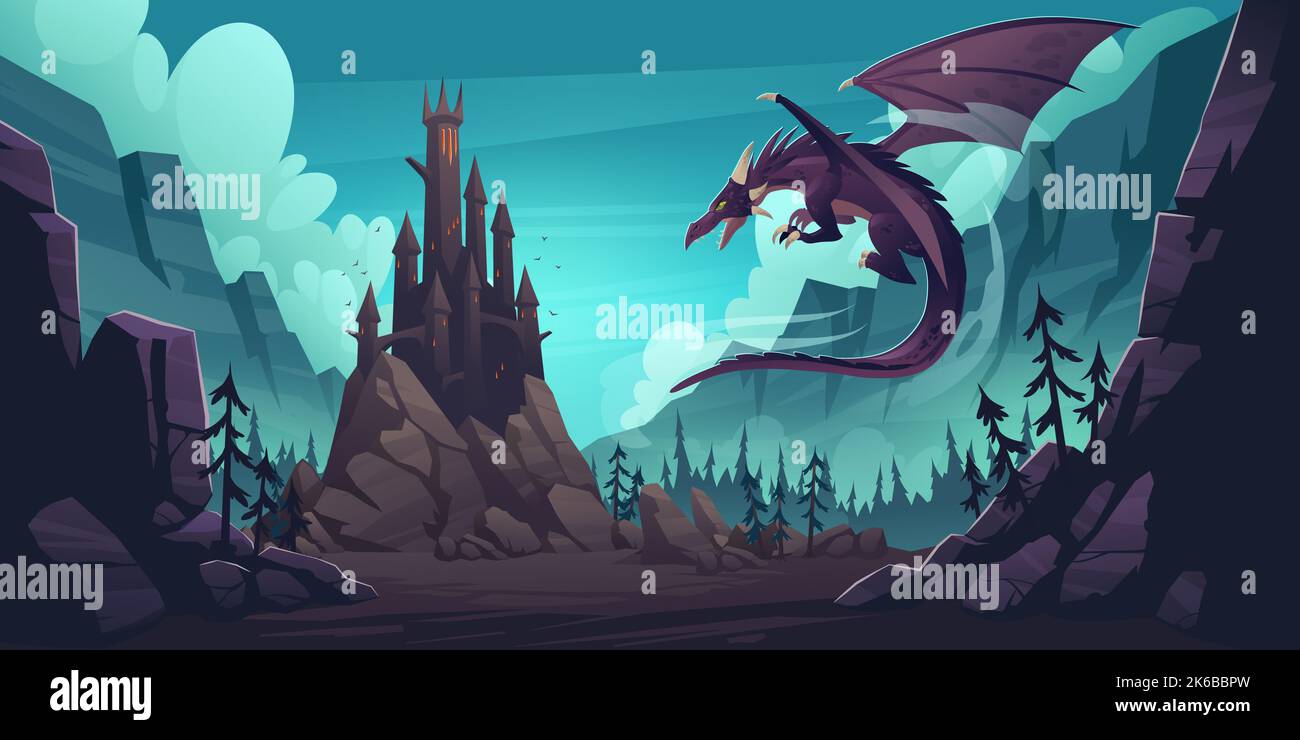 Black spooky castle and flying dragon in canyon with mountains and ...