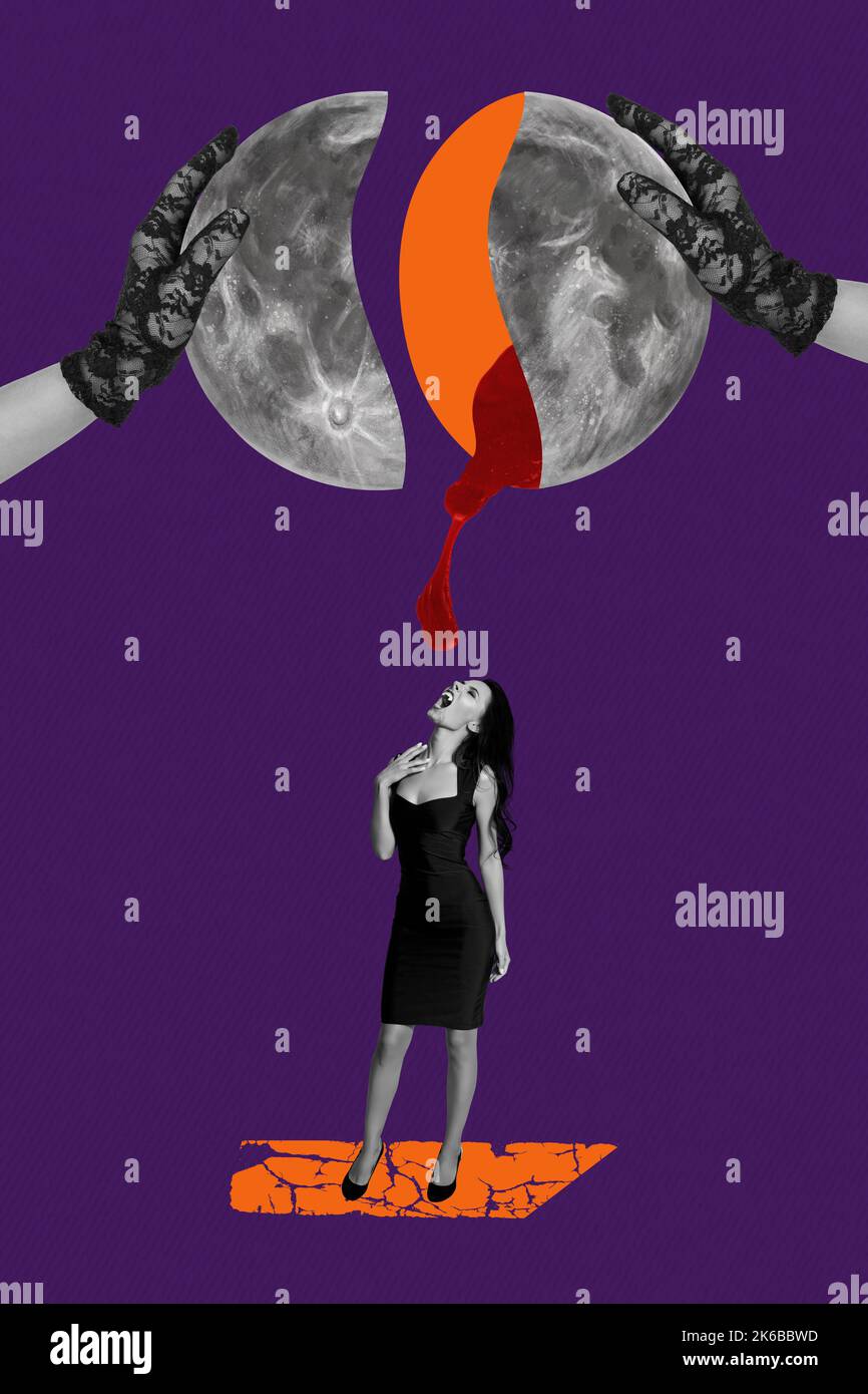 Vertical collage of two big hands crack break moon pour blood mini ...