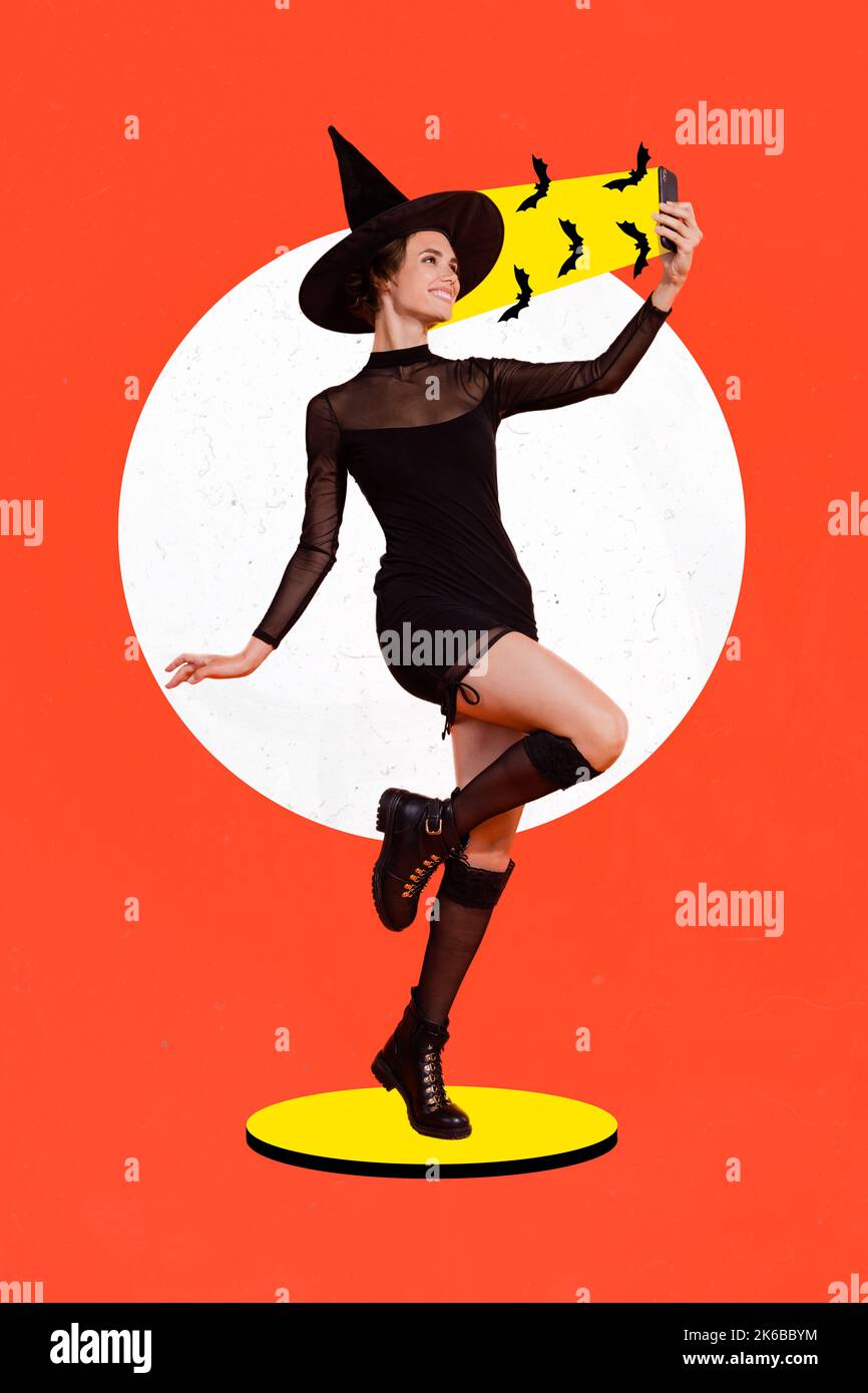 Vertical creative collage image of pretty positive conjurer girl hold ...