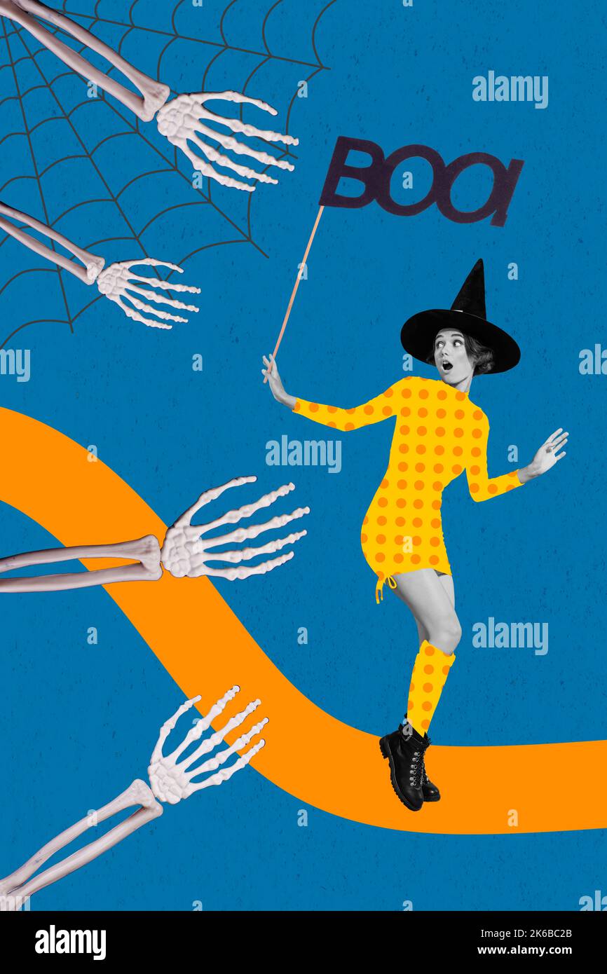 Vertical collage picture of impressed frightened witch girl hold boo ...