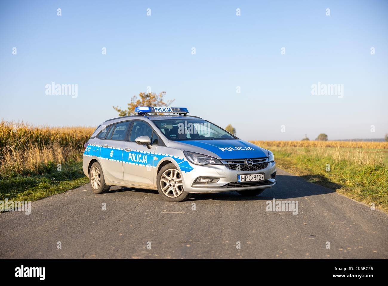 13 October 2022, Poland, ·ania: Police close a road about a kilometer ...