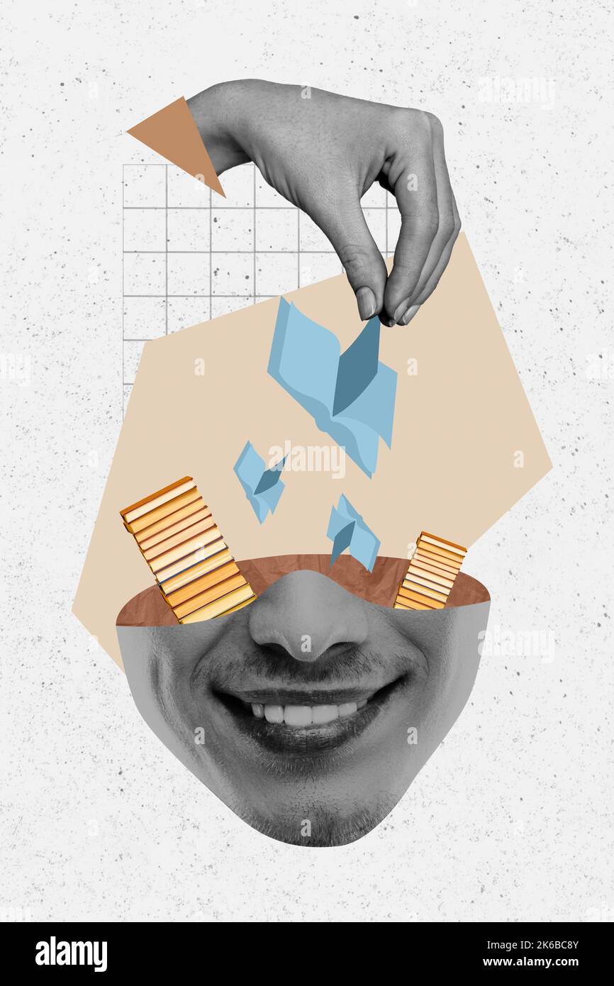 Creative photo 3d collage poster postcard artwork of palm putting books ...