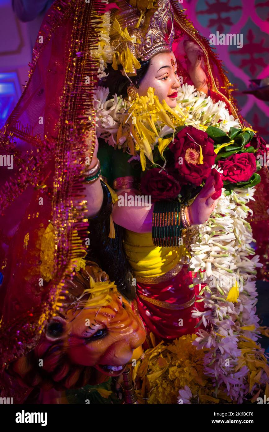 A beautiful idol of Maa Durga being worshipped at a mandal in Mumbai ...