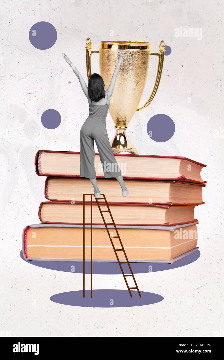 Composite collage image of young woman climb ladder steps reading ...