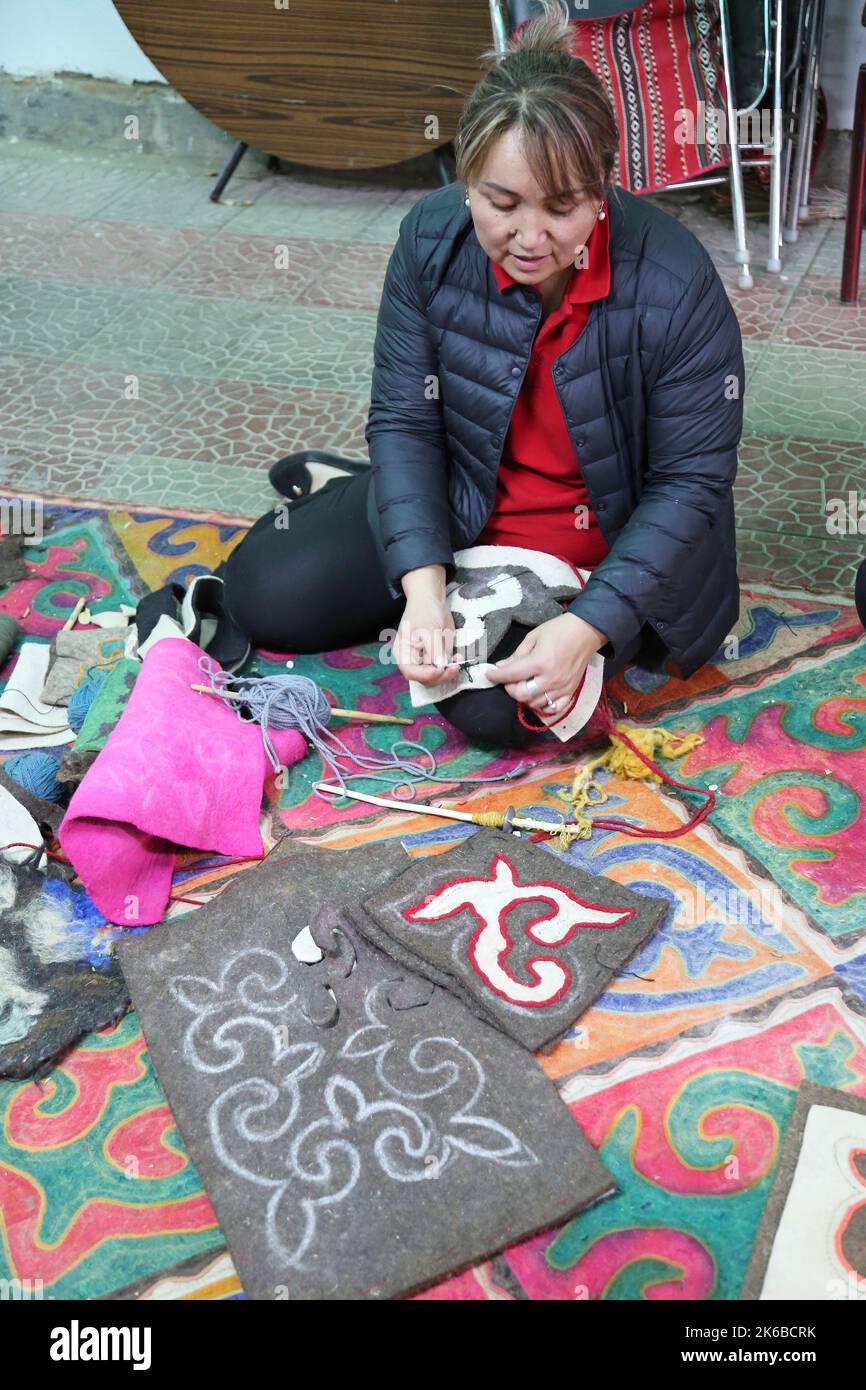 Traditional felt making demonstration, Kochkor, Naryn Region ...
