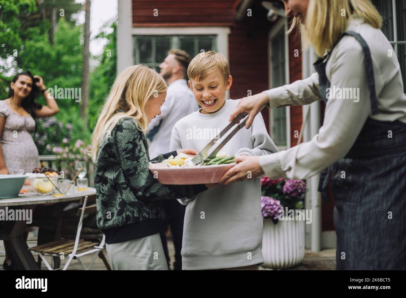 Happy siblings looking at food during dinner party Stock Photo - Alamy