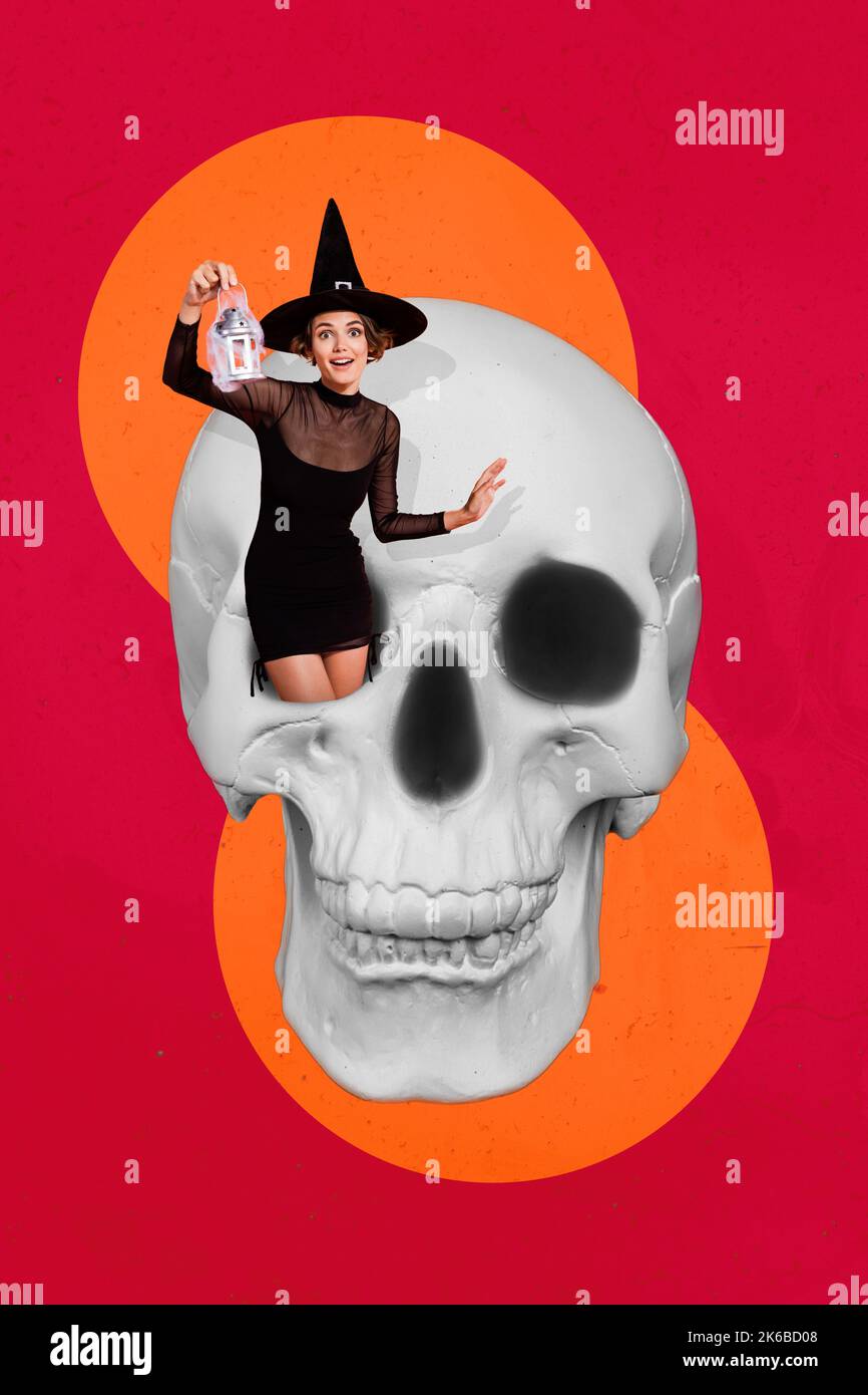 Vertical collage picture of excite conjurer mini girl hold lamp inside ...