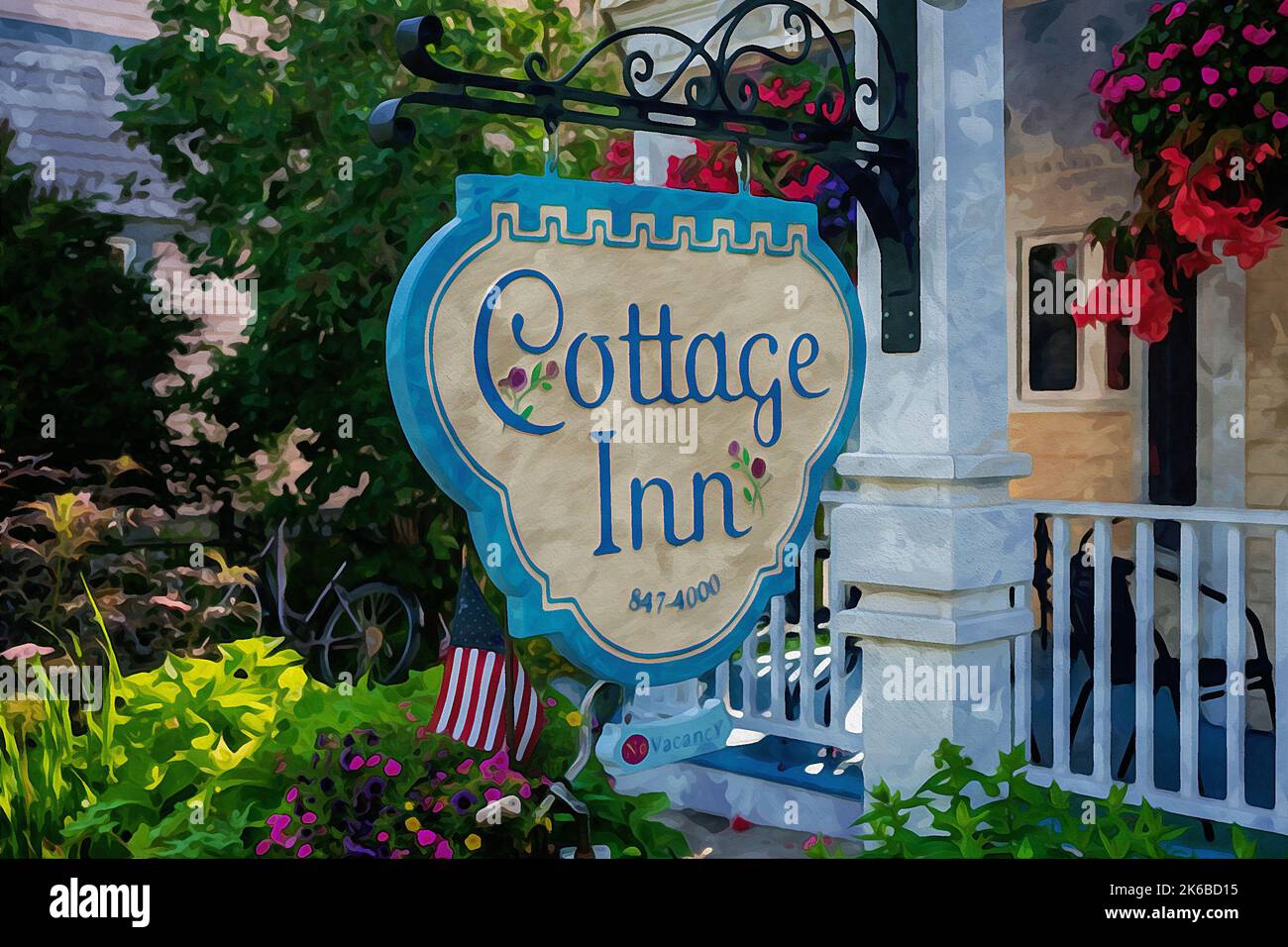 Mackinaw Island, MI - July 14, 2021: Digitally created watercolor ...