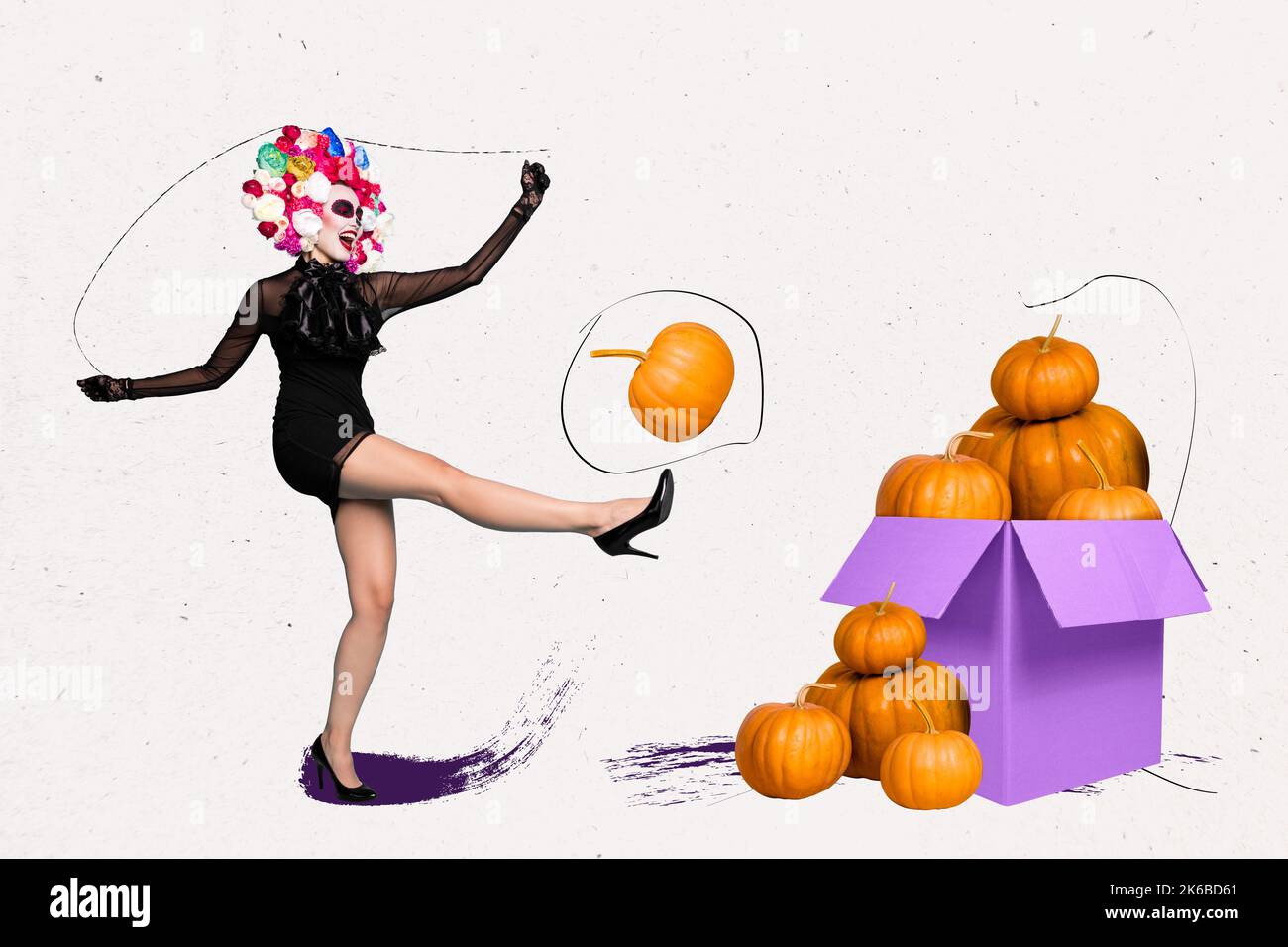 Composite collage image of excited mexican girl leg kick pumpkin pile ...