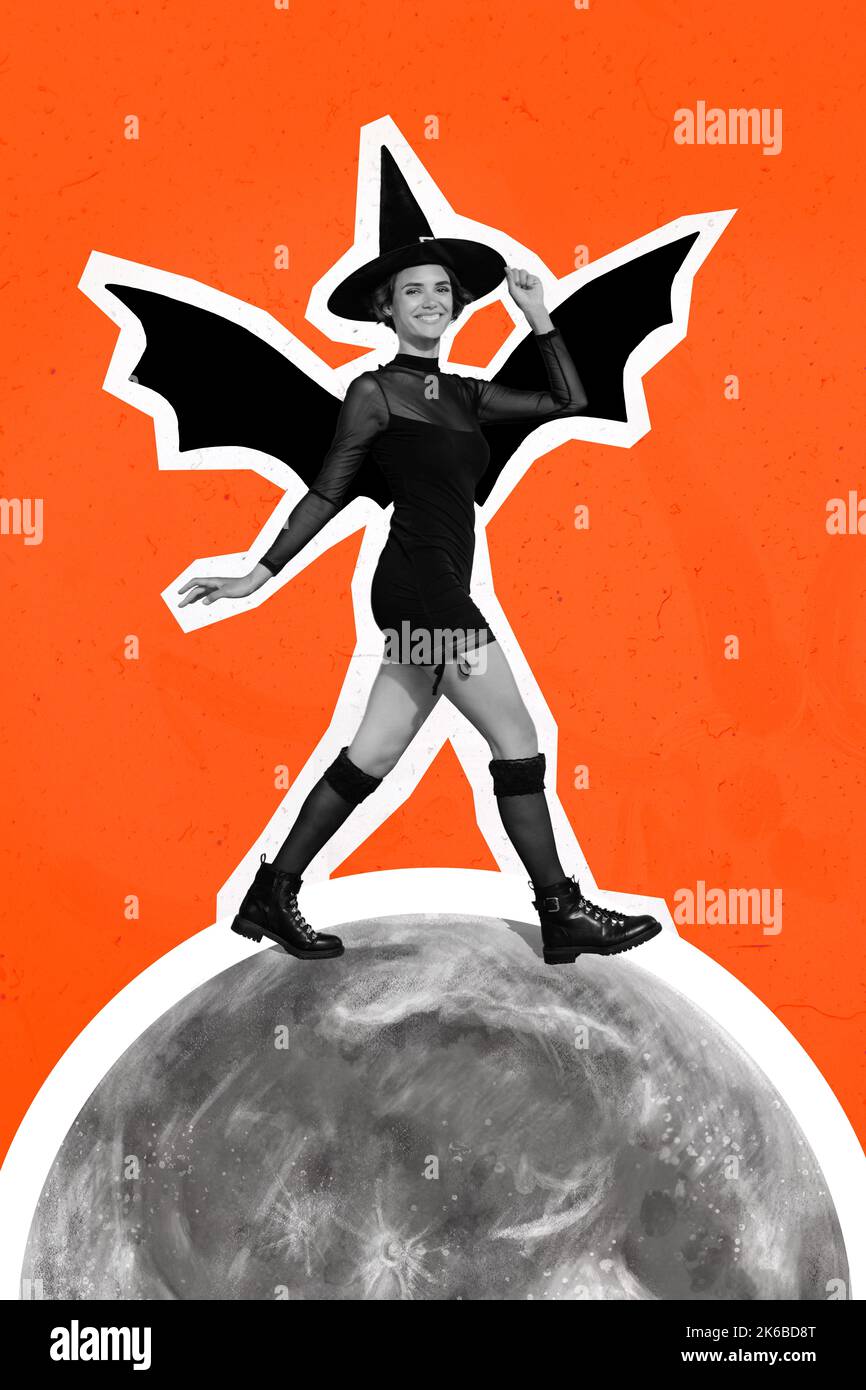 Vertical collage image of pretty positive conjurer girl black white ...